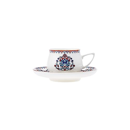 KARACA Nakkas Espresso Cup and Saucer Set for 6 People, 90 ml 3 oz Turkish Coffee Cups with Saucers, 12 Pieces, Mocha & Cappuccino Cups Made of Porcelain, Traditional Turkish Pattern, Dishwasher Safe