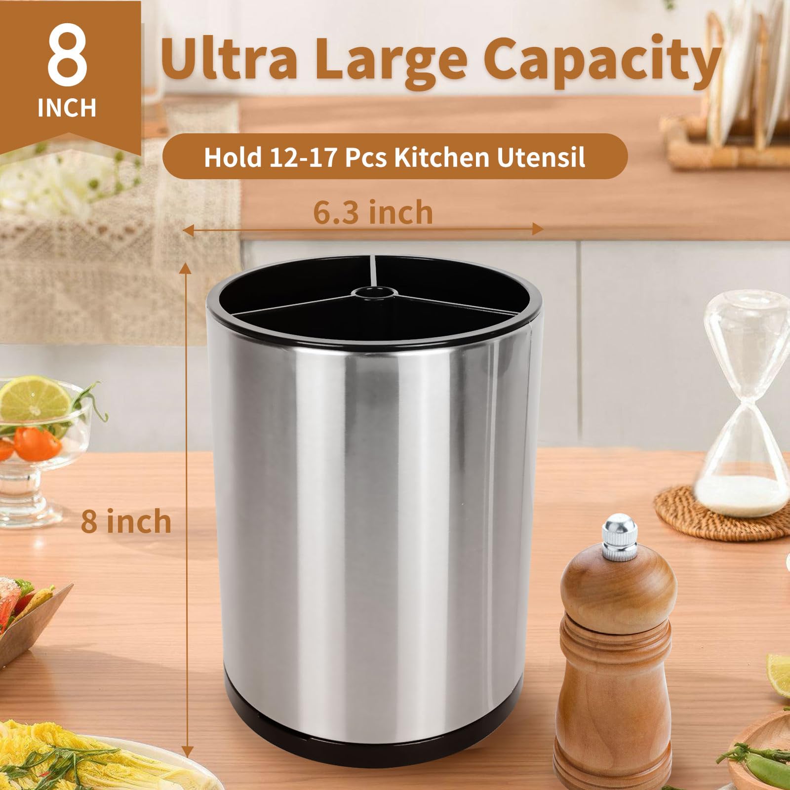 Nigelia Extra Large Kitchen Utensil Holder - 360° Rotating Stainless Steel Cooking Utensil Holder for Countertop, 3 Compartment Flatware Organizer & Utensil Caddy with Removable Base(Silvery)