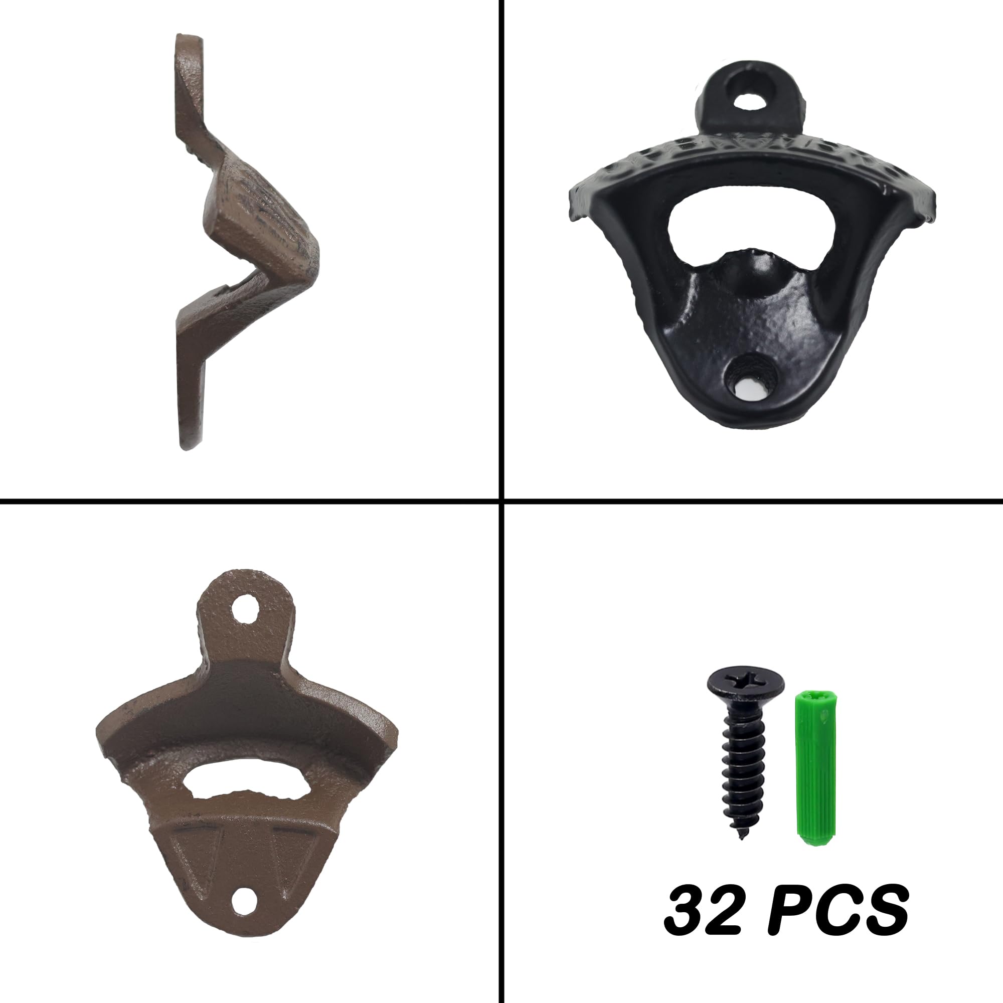 Luwanburg 8PCS Cast Iron Beer Bottle Opener Wall Mounted Bottle Cap Opener Open Here Black and Brown