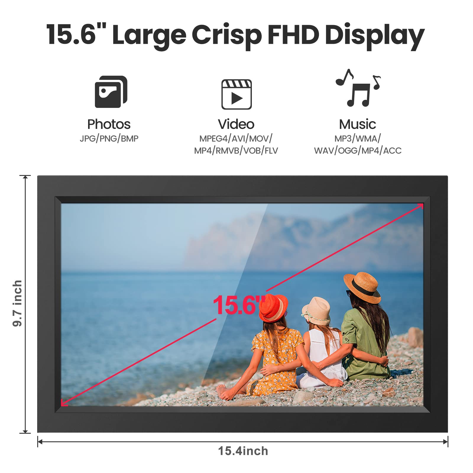 Jazeyeah 15.6 Inch Large Digital Picture Frame, Frameo WiFi Smart Digital Photo Frame with 32GB Storage and 1920 * 1080 IPS FHD Touch Screen, Free Storage - Gift for Friends and Family