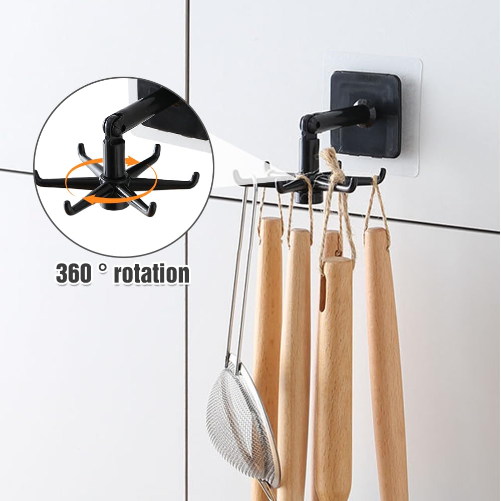 Poouty 360° Rotating Self Adhesive Utility Hook, 2024 New Under Cabinet Hooks Adhesive Kitchen Hooks for Hanging Utensils Holder Hanger Storage Rack for Kitchen Utensils Organizer (6Hooks, 2 Black)
