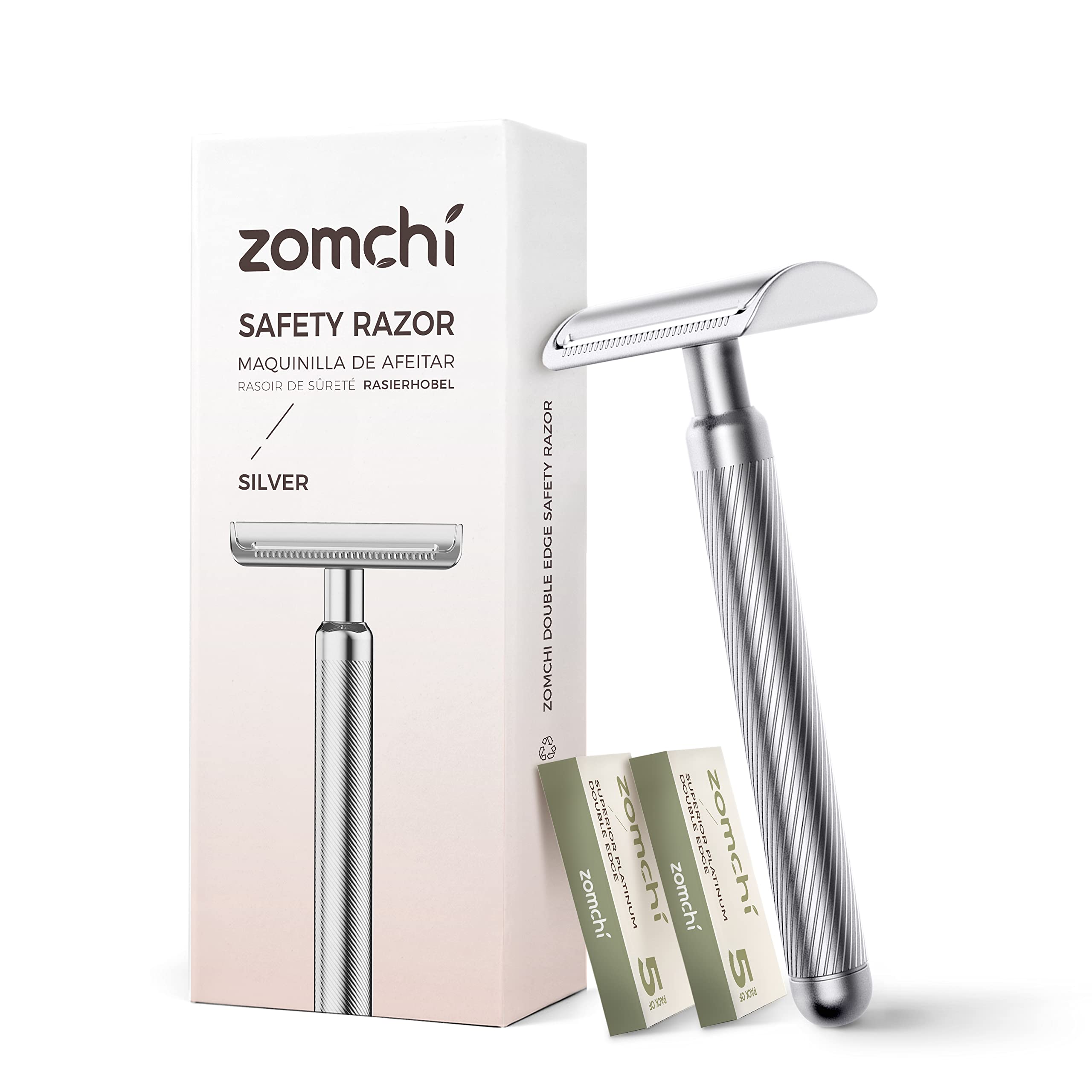 ZOMCHI Double Edge Safety Razor for Men & Women, Premium Metal Razor with 10 Double Edge Safety Razor Blades,Single Blade Razor ā Noble Silver