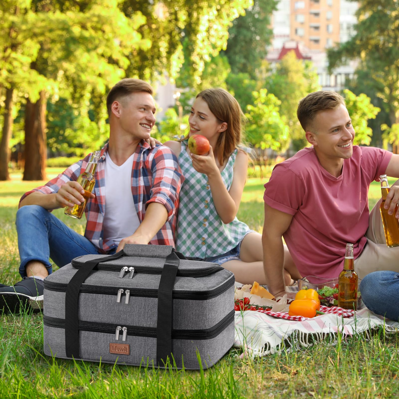 Lifewit Double Decker Casserole Carrier for Hot and Cold Food, Insulated Casserole Dish Carrier Carrying Case with Tool Room, Thermal Bag for Potluck Parties Cookouts Fits 9"×13" Baking Dish, Gray