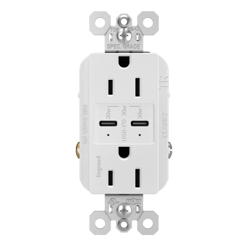 Legrand radiant R26USBPDW 15 Amp Tamper-Resistant Decorator Duplex Receptacle Outlet with Ultra Fast USB C/C 6.0A Charging Ports PLUS 30W Power Delivery, White (1 Count)