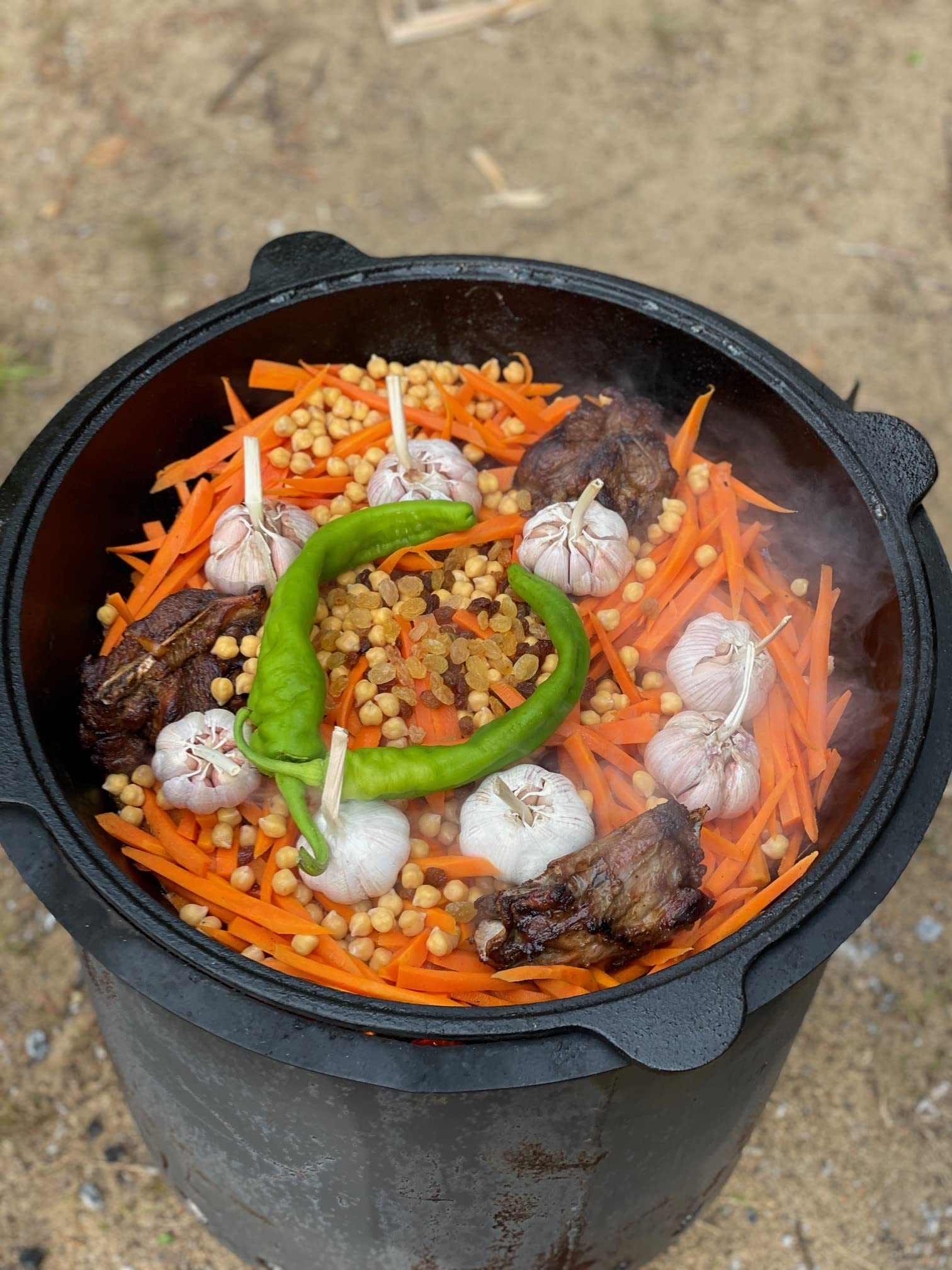 Kazan Cast Iron Cauldron Qazan Qozon Kadai (9L-2.3Gal) + Uchag Oven Stove Wood Fire Duch Oven (36cm-14")