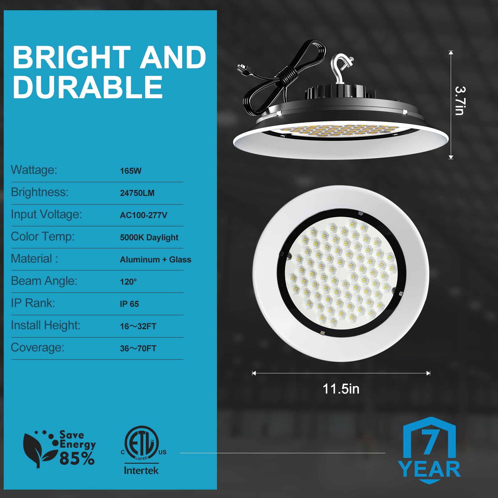 Lightdot 165W (200X1W LED) LED High Bay Light with Diffuser 24750lm High Bay LED Lights, AC100-277V 5000K High Bay LED Shop Light, Strong Brightness UFO LED Light for 18-30FT Height -6Pack