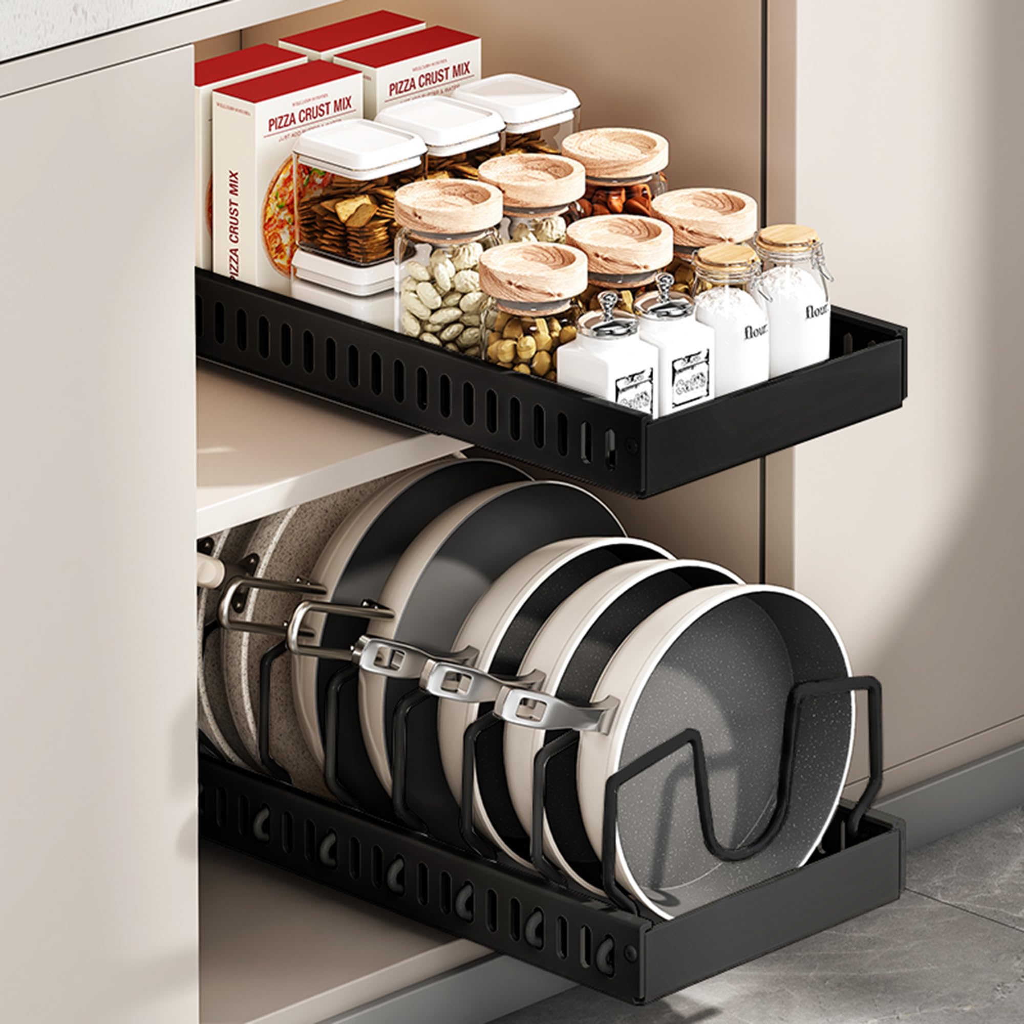 OUTIOE Pots and Pans Organizer Under Cabinet,Sliding Pot Lid Organizer for Cabinet,Pull Out Cabinet Organizer with 8 Adjustable Dividers (Black) (Black)