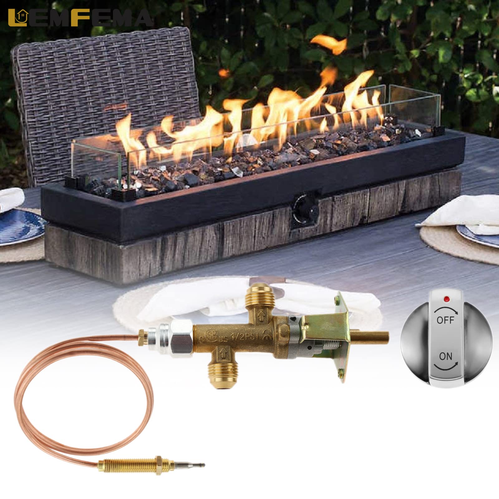 Lemfema Low Pressure LPG Propane Gas Fireplace Fire Pit Flame Failure Safety Control Valve with Thermocouple Knob Switch Kit with 5/8β-18UNF(3/8" Flare Inlet & Outlet) for Propane Fire Pit, Fireplace