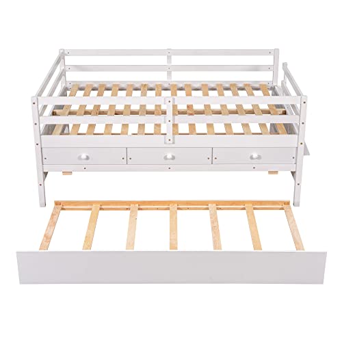 ODC Low Loft Bed with Trundle Bed and 3 Storage Drawers, Multifunctional Full Size Loft Bed with Climbing Ladder, Solid Wood Bed Frame with Full Safety Fence for Kids Boys Girls