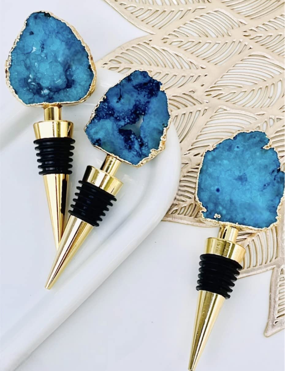 LUXE CRYSTAL CO. Handcrafted Teal Green Natural Crystal Geode Agate Druzy Gold Electroplated Crystal Wine Champagne Stopper Handmade Bottle Barware Housewarming Bridal Shower Gift