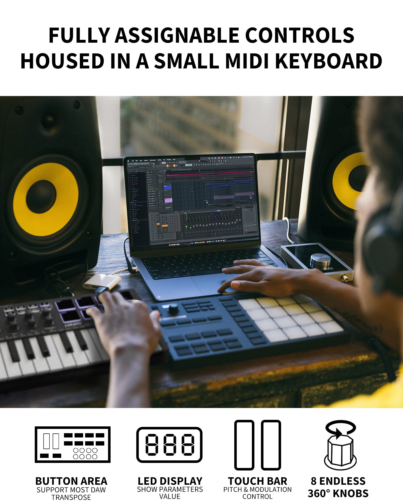 LEKATO 25 Key USB MIDI Keyboard Controller With 8 Backlit Drum Pads, Bluetooth Semi Weighted Dynamic Keybed 8 Knobs and Music Production, Smart Scales, Chords, Software Included