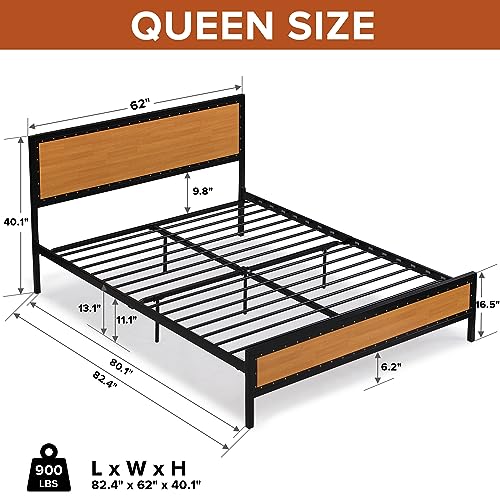 Prohon Bed Frame Queen Size with Rustic Headboard and Nailhead Trim Footboard, Strong Steel Slat Support, Metal Platform Bed with 11β Storage Space, Silent Design Bedframe for Adults, Teens & Kids