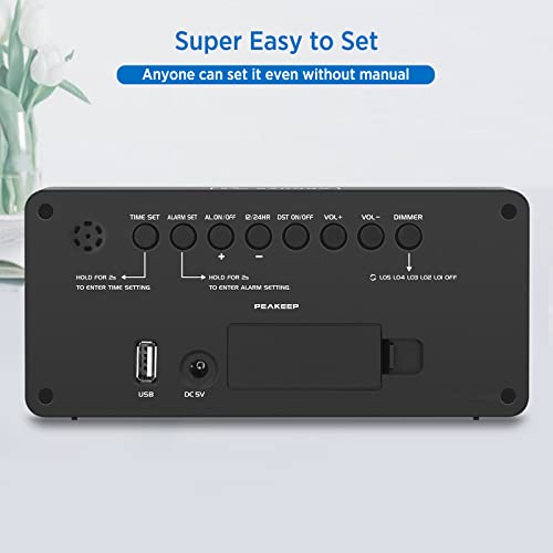 Peakeep Digital Clock, Alarm Clock for Bedrooms - Large Big Numbers 5 Dimmers for Seniors, Battery Backup Loud Alarm Clock with USB Charger Port (White)