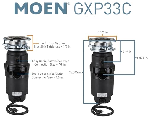 Moen GXP33C Lite Series PRO 1/3 HP Compact Continuous Feed Garbage Disposal for Kitchen Sink, Power Cord Included