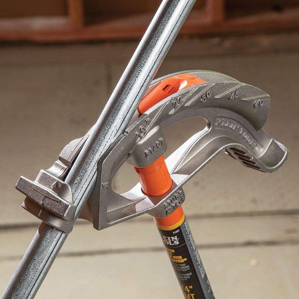 Klein Tools 51605 Iron Conduit Bender Full Assembly, 1-Inch EMT and 3/4-Inch Rigid, Wide Foot Pedal, Benchmark Symbols and Angle Setter