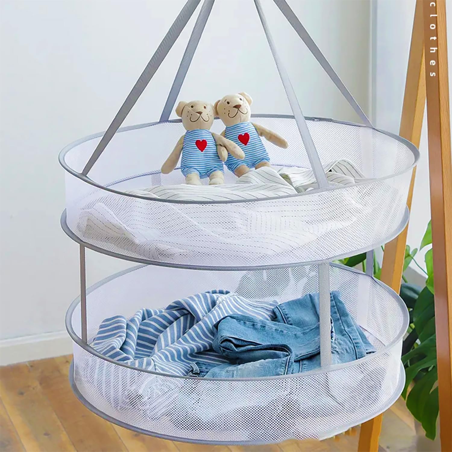 Qaoliffa 2-Tier Folding Mesh Clothes Hanging Dryer,Prevent Sweater from Deforming,Laundry Basket for Drying Underwear,Towels, Hats, Scarves,23 inches in Diameter(Set of 2)