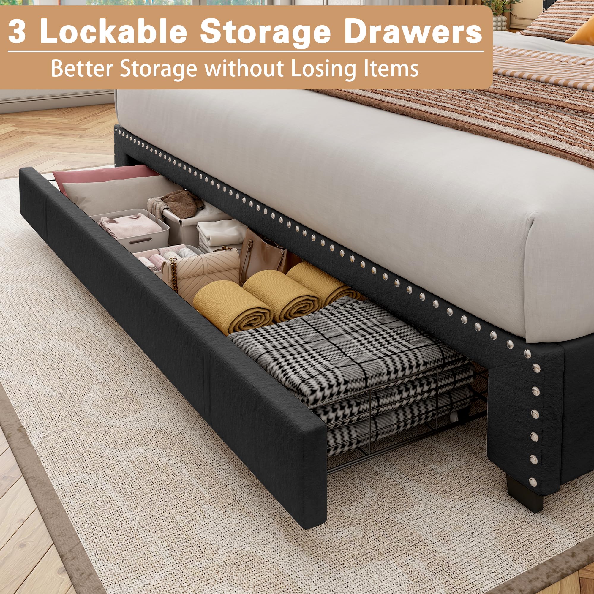 Neoriver Queen Size Bed Frame with 3 Drawers, 2-Tier Storage Headbord, Bed Frame with Storage, LED Lights and Charging Station, Upholstered Platform Bed Frame, Wood Slats Support (White, Queen)