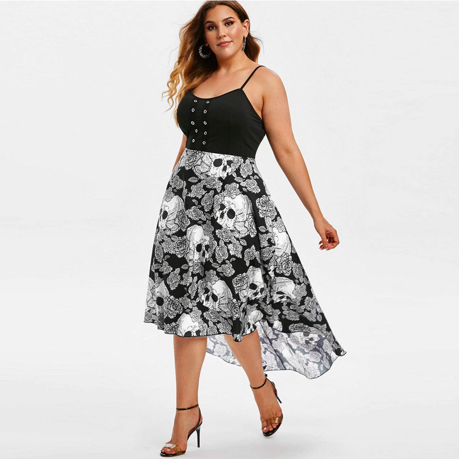 High Waist Sling Dress for Women Patchwork Scoop Neck Floral Skull Printed Swing Dress Black