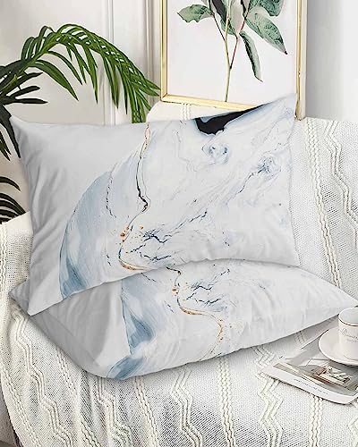 Navy Blue Marble Pillow Covers Standard Size Set of 2 Bed Pillow, Modern Yellow Lines Abstract Art Aesthetics Plush Soft Comfort for Hair/ Skin Cooling Pillowcases with Envelop Closure 20''x26''