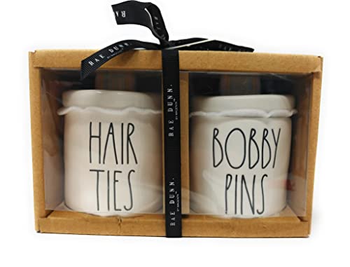 Rae Dunn by Magenta LL HAIR TIES and BOBBY PINS Jar Set with Rainbow Handles, 4" tall x 2.75" wide each, Ceramic Jars, Bathroom, Bedroom, Make Up, Holder, Storage, Canister, Organizer