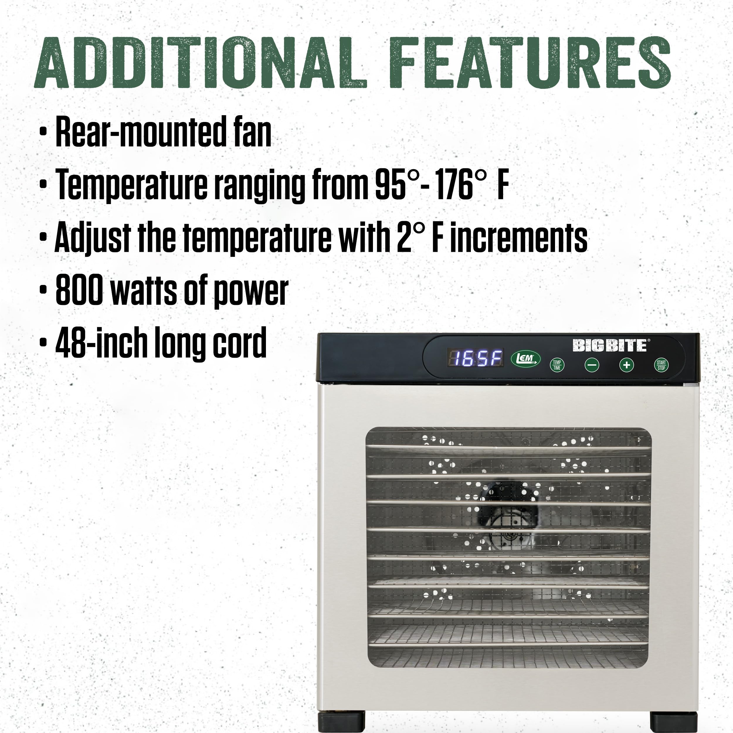LEM Products BigBite 10-Tray Stainless Steel Dehydrator, Food Dehydrator for Beef Jerky, Meat, Vegetables, and Fruits, Includes Dryer Machine and 10 Trays, Silver