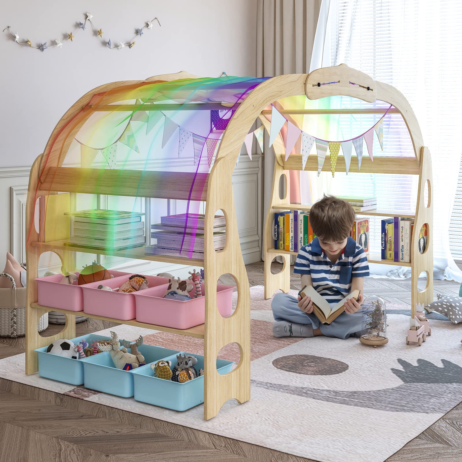linor Indoor Playground for Kids in 3-12, Wooden Play Structures with Bookcase, Waldorf Playstand Arch with A Large Space for Reading, Storing, Playing, Great Gift for Kids (Wood)