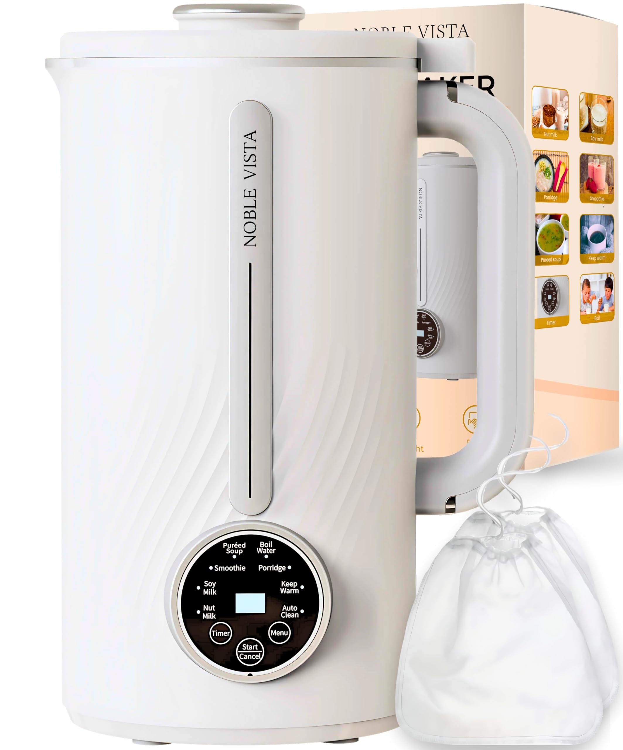 NOBLE VISTA 8 in 1 Nut Milk Maker, 35 OZ, Automatic Soy Milk maker, Homemade Almond Milk Maker, 12 Hour Timer, Hot/Cold, Soy Milk, Smoothie, Boil, Self Clean