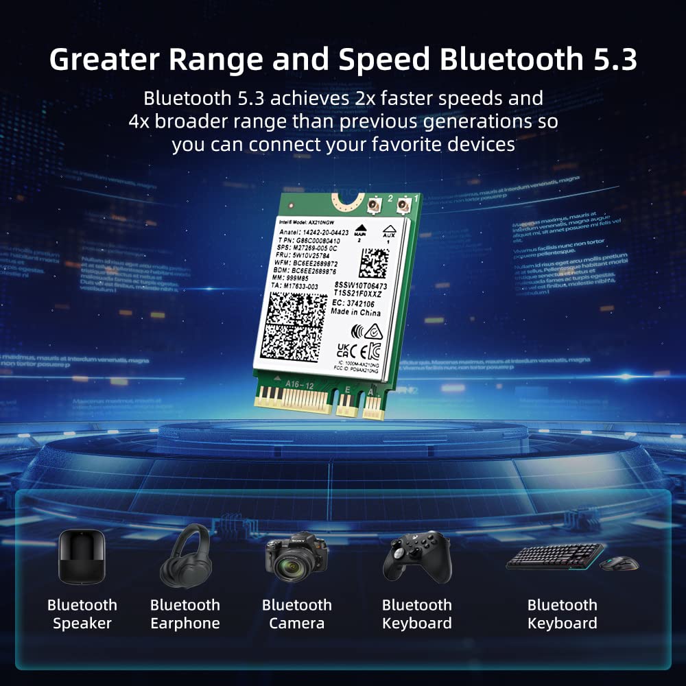 M.2 WiFi Intel AX210 NGW Card with Bluetooth 5.3, WiFi 6E 2X2 MU-MIMO 5400Mbps Wireless Network Module, MIMO WiFi Card 802.11AX with Wpa3 Security Tri-Band for Laptop Windows10/11 64bit