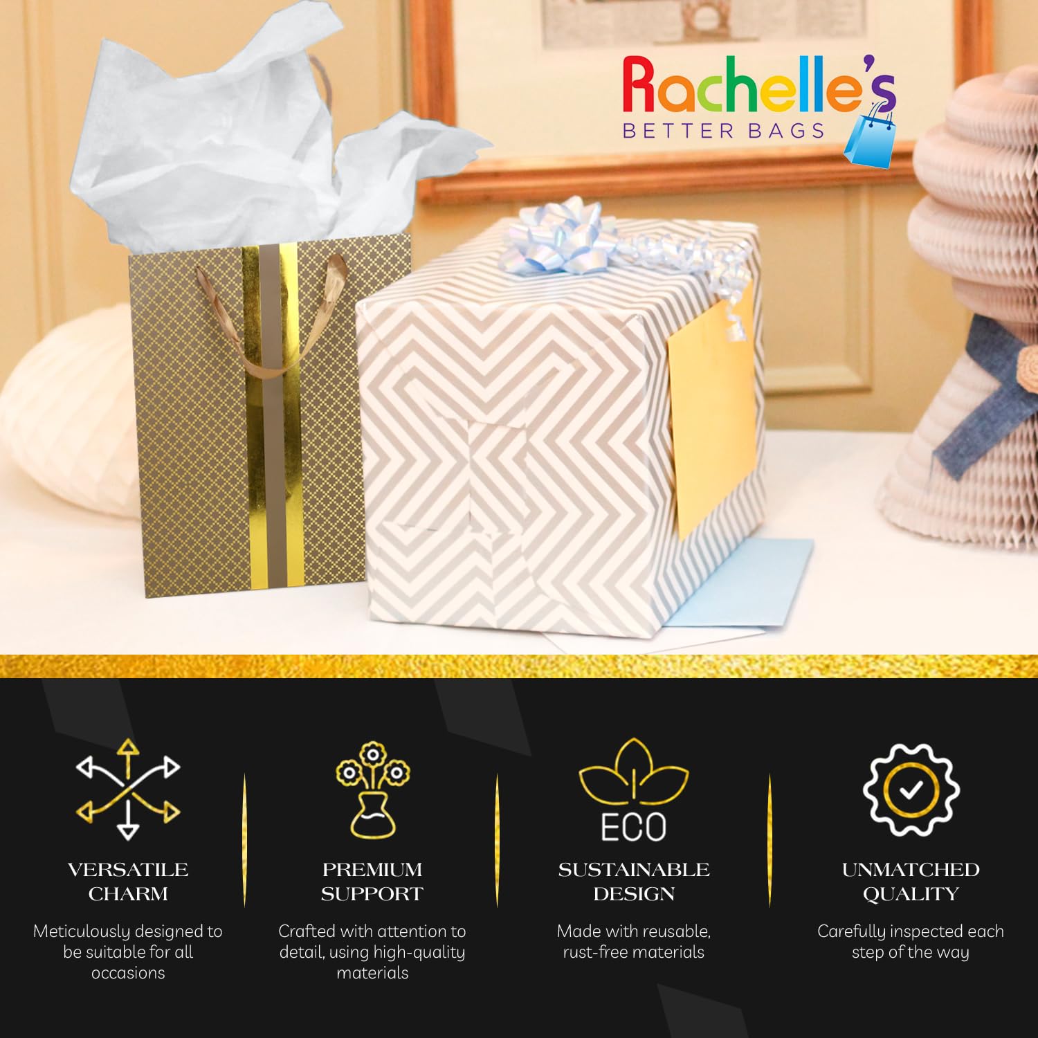 RACHELLE'S Elegant & Classy Paper Gift Bag Assortment with Tissue Paper β 4 Pack of Premium Quality & Sturdy Large Bags Great for Birthdays, Anniversaries, Christmas, Father's Day, Holidays β Black,