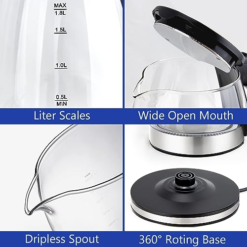 RAINBEAN Electric Kettle Water Boiler, 1.8L Electric Tea Kettle, Wide Opening Hot Water Boiler with LED Light, Auto Shut-Off & Boil Dry Protection, Glass Black