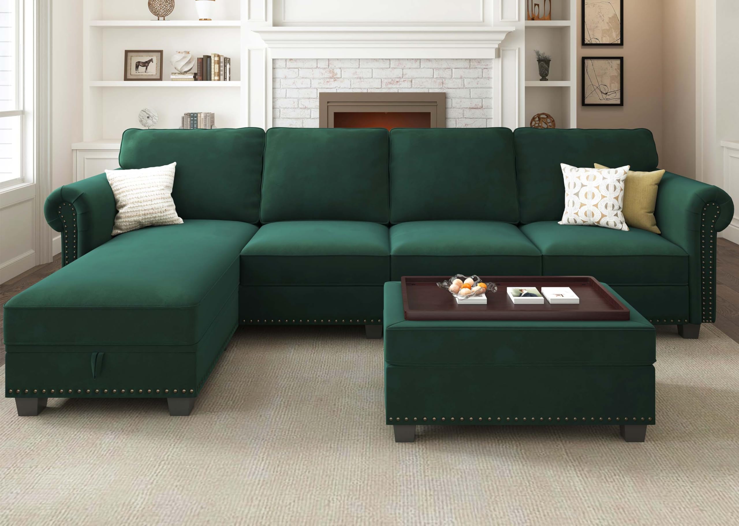 Nolany Velvet Sectional Sofa Set, L Shaped Sectional Couch with Storage Tray Ottoman Convertible 4 Seater Sofa Couch for Living Room, Dark Blue