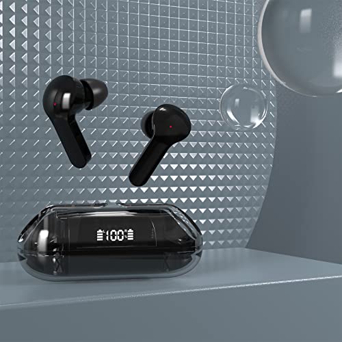 pstuiky Wireless Earphone Bluetooth 5.3 Headphones Transparent Digital Display Headphones Mini in-Ear Wireless Sports Music Earbuds with Microphone Noise Cancelling Headset (Black)
