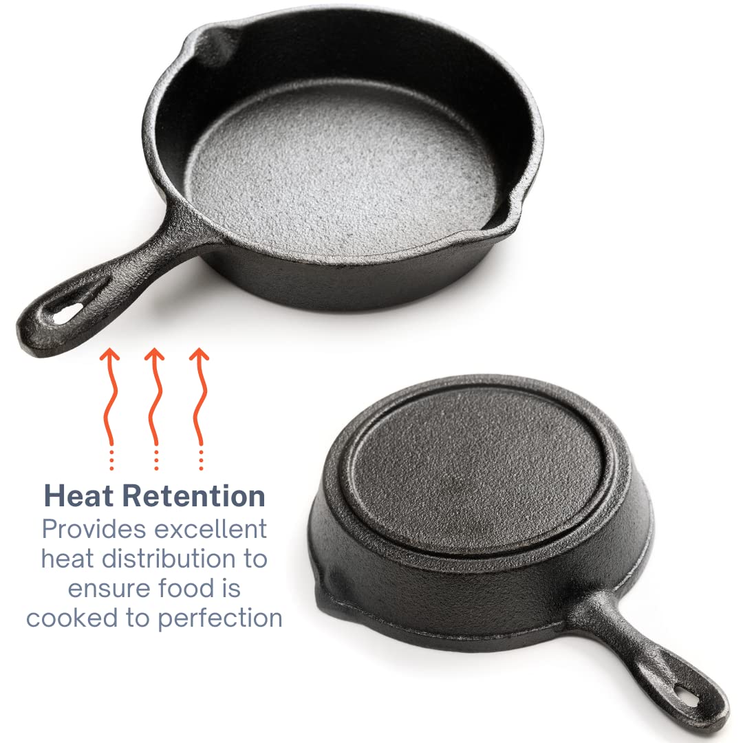 KUHA Mini Cast Iron Skillets 4β - 6-Pack of Pre-Seasoned Miniature Skillets - with 6 Small Silicone Trivets and Cast Iron Scraper