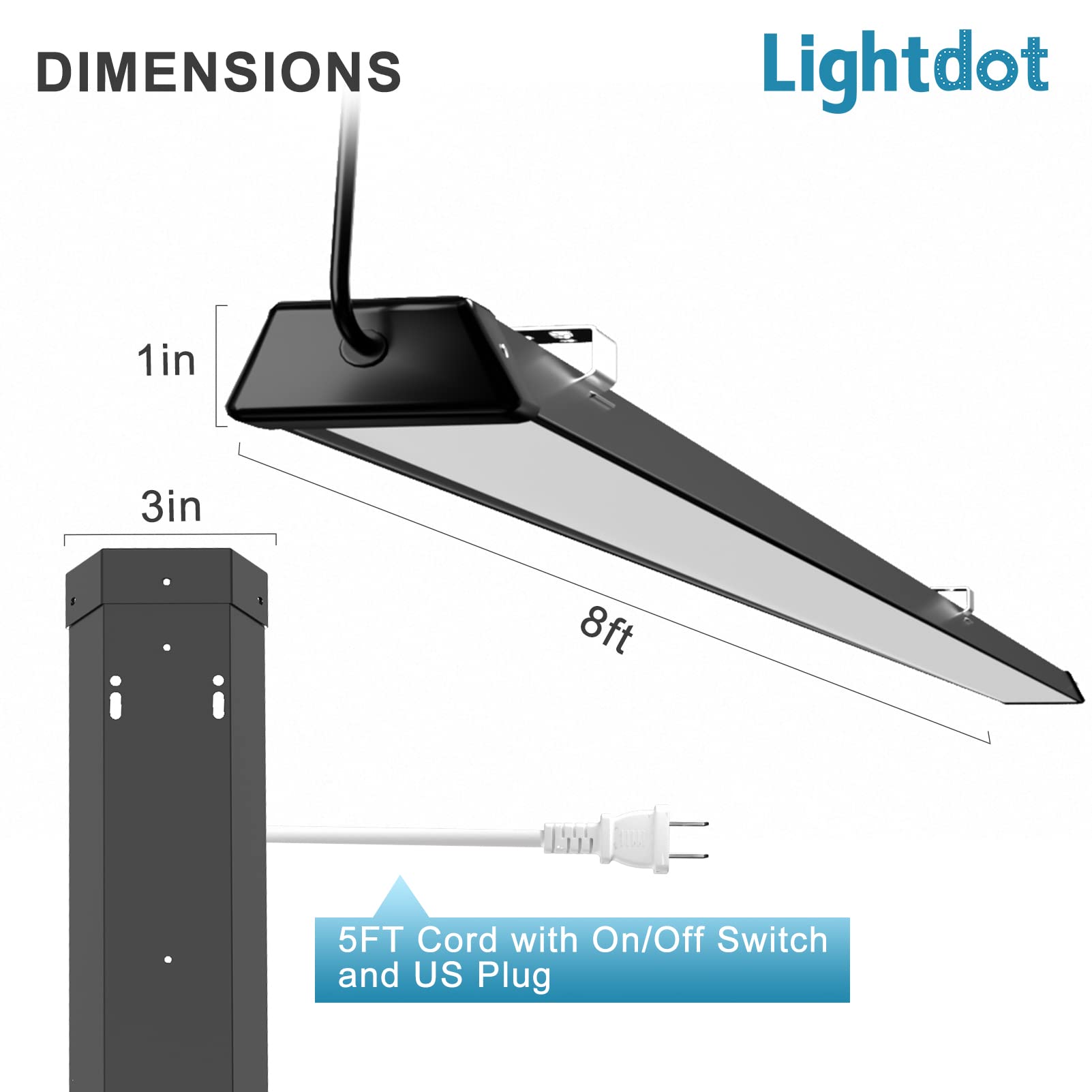 Lightdot 8FT LED Shop Light, 100W[Eqv. to 400W HPS/WH] Black LED Shop Light 8FT with 5FT Cord Switch, Surface/Suspension Mount, 5000K Daylight, Energy-Saving up to 3650W/5Y(5hrs/Day)-4Pack