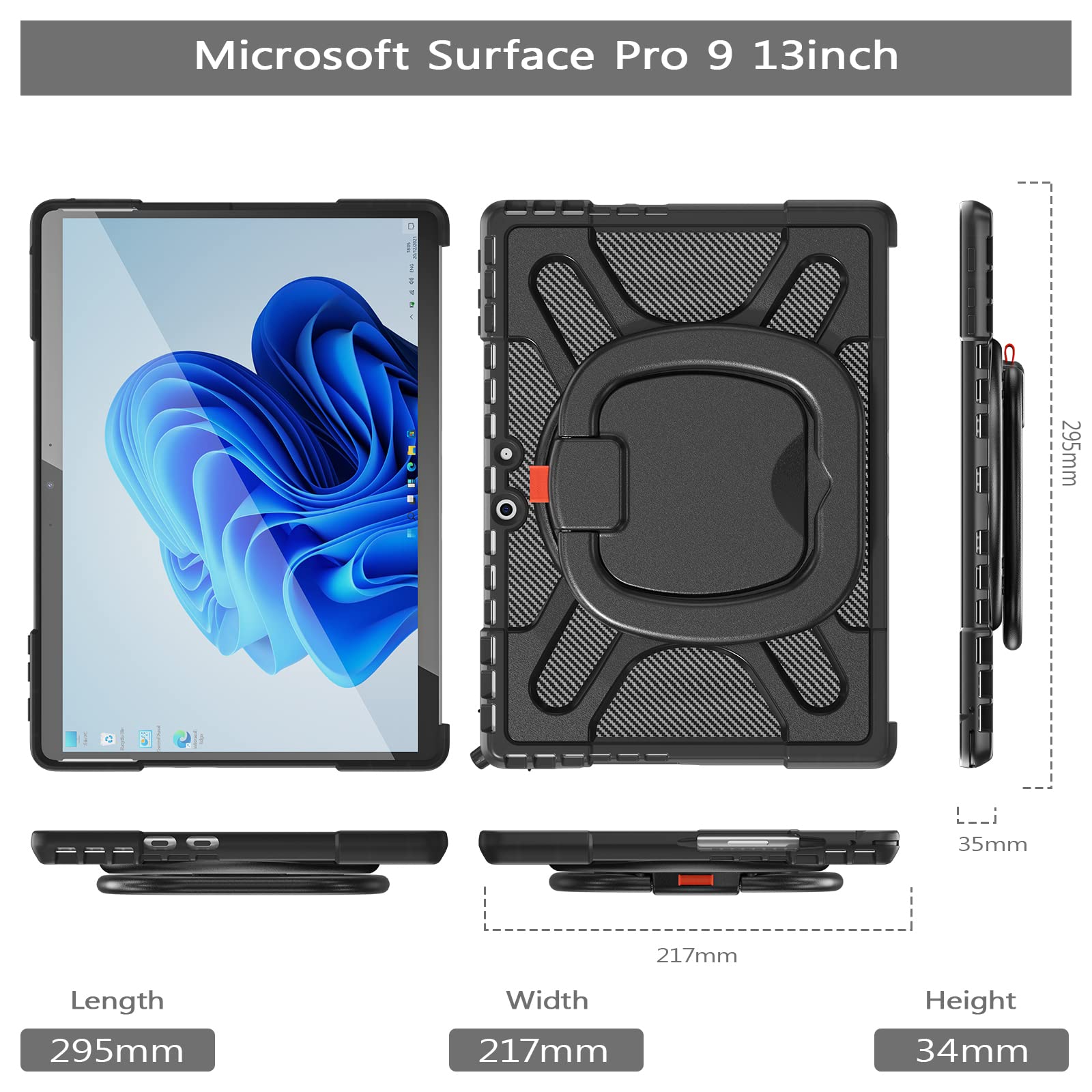 Microsoft Surface Pro 9 Rugged Case 13.0'' 2022 Released, Heavy Duty Shockproof Cover with Rotatable Handle Grip Kickstand, Compatible with Keyboard Adsorption Interface Type Cover