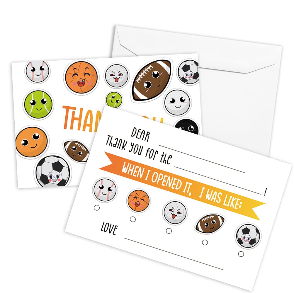 QOFO Basketball Football Sports Fill in the Blank Thank You Cards,Gender Neutral Thank You Notes,For Boys Birthday Party,Event,or Holiday Use,Thank You Notes with Envelopes Set of 25-GXK12