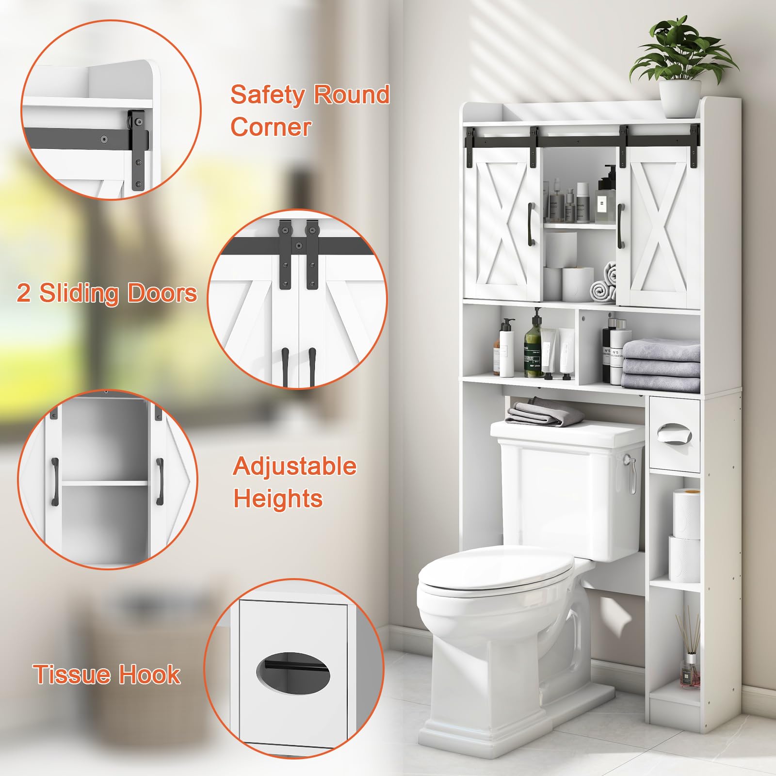Over The Toilet Storage Cabinet, Farmhouse Storage Cabinet Over Toilet with Sliding Doors,Home Space-Saving Toilet Rack, for Bathroom, Restroom, Laundry