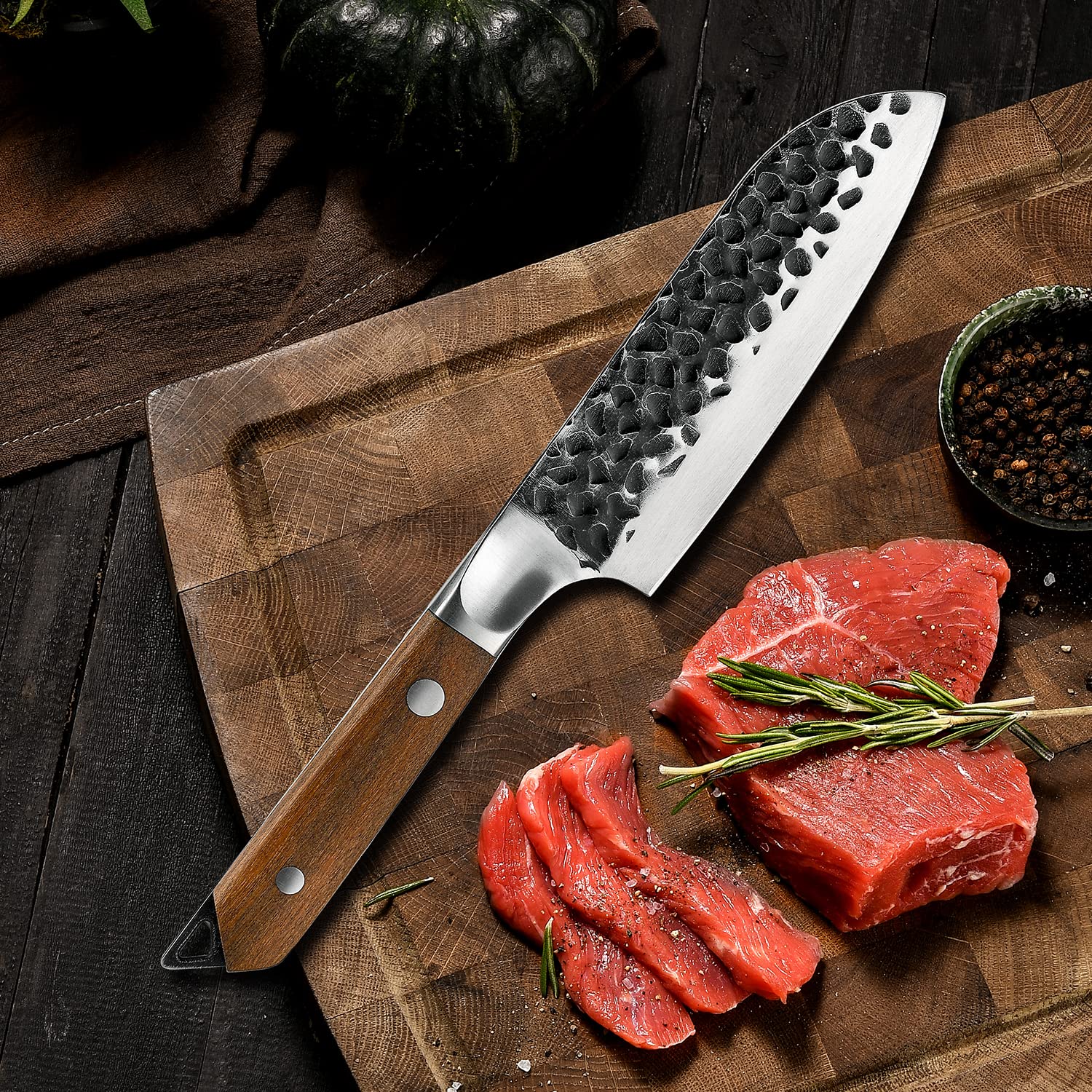 Momo's House 5 Inch Santoku Knife and 3 Inch Small Paring Knife with Ergonomic Ebony Handle - Sharp Forged Carbon Steel Handmade Fruit Kitchen Knives with Elegant Gift Box and Sheaths, 2Pcs