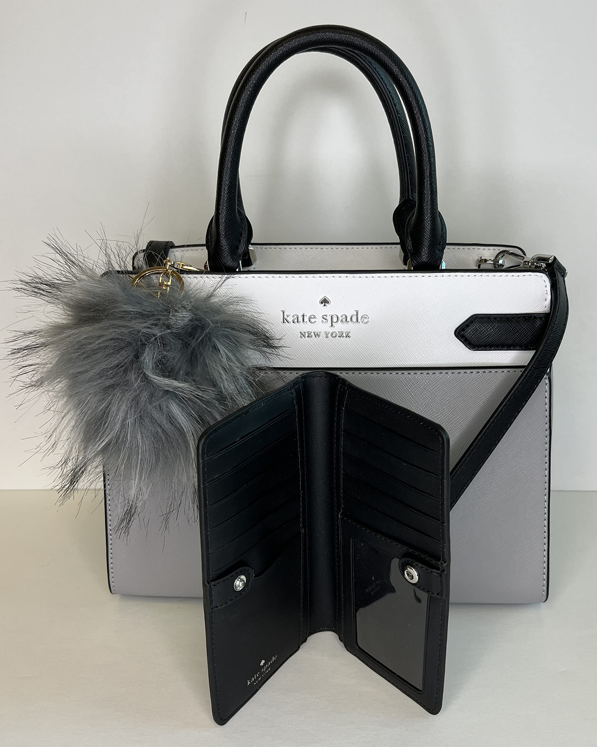 Kate Spade MD Satchel bundled with Bifold Wallet & Fur Pom (Nimbus Grey Colorblock)