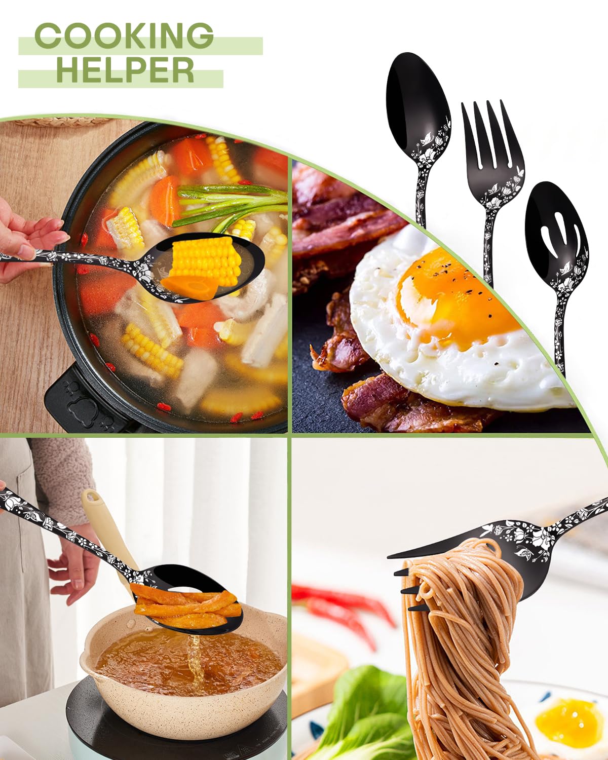 Stapava Serving Utensils Set Black, 5PCS Stainless Steel Flatware Serving Set with Large Serving Spoon Slotted Serving Spoon Serving Fork Sugar Spoon Butter Knife for Dinner Party, Dishwasher Safe