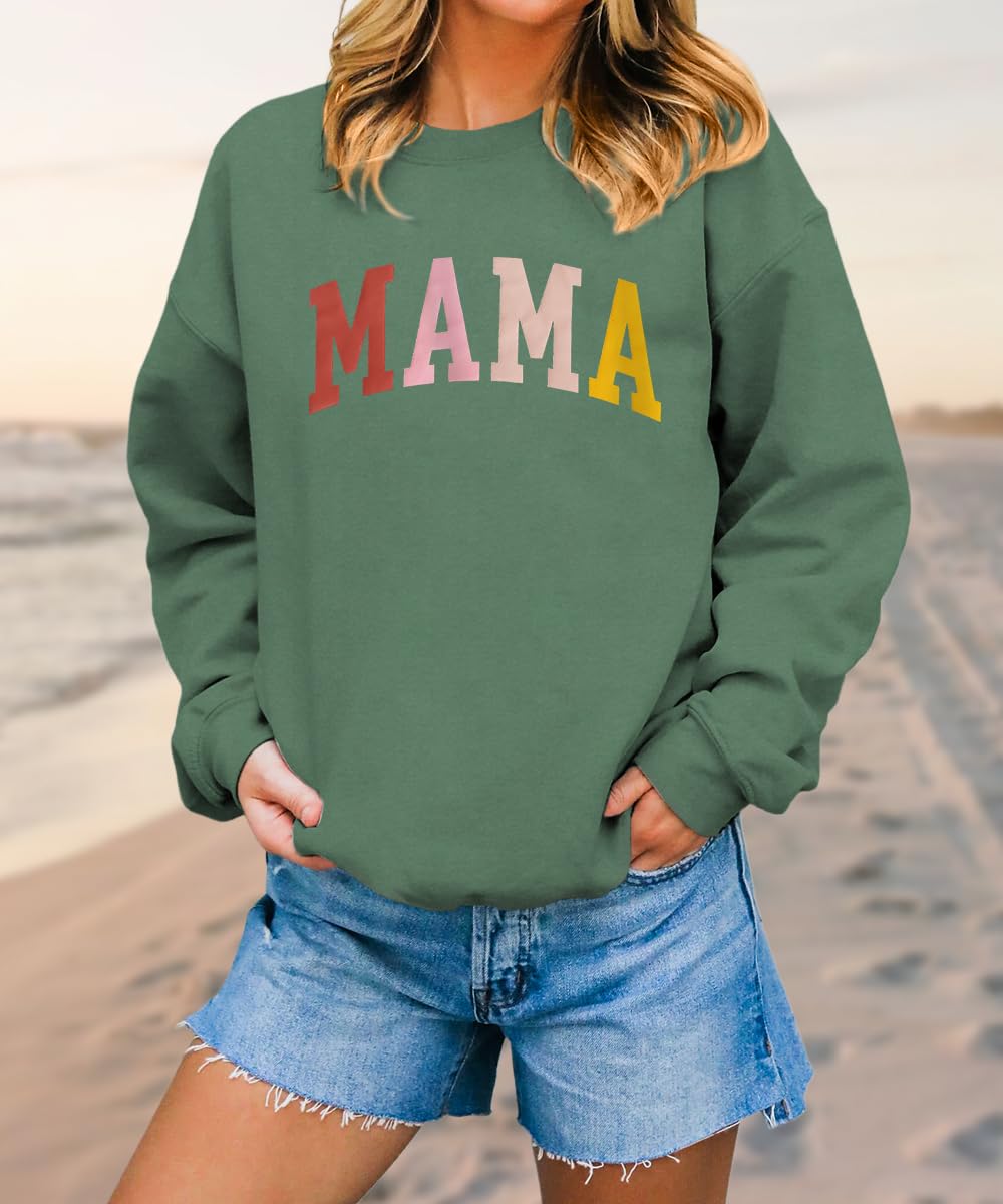 KEKEMI Mama Sweatshirt For Women Crewneck Mama Letter Print Pullover Tops Long Sleeve Mom Life Shirts Casual MAMA Graphic Top(Green-05,Small