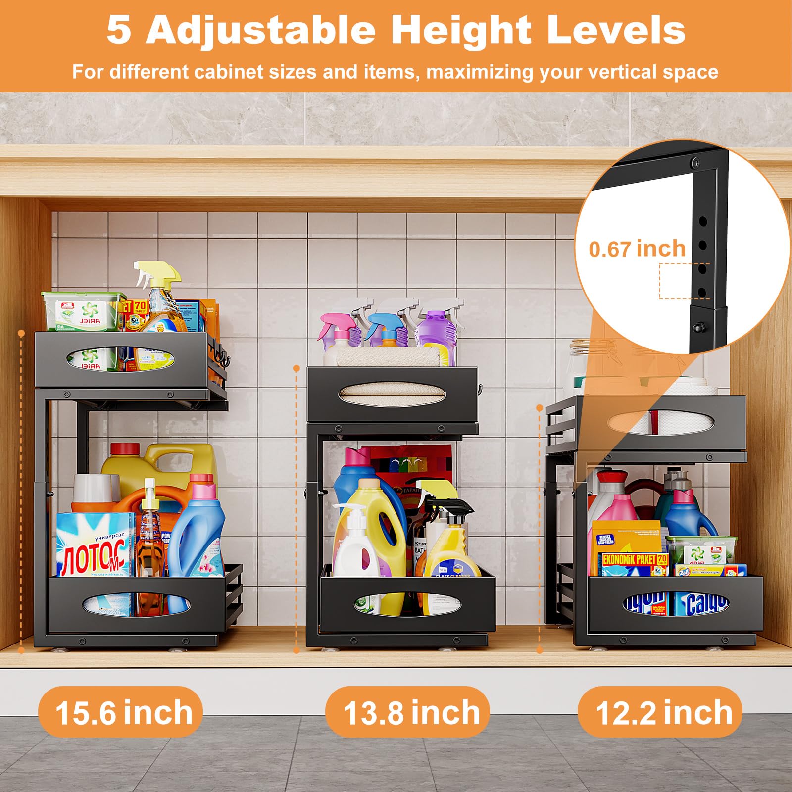 mixeshop Under Sink Organizer, 2 Pack Pull Out Cabinet Organizers, Slide Sink Steel Shelf Cabinet Storage Shelves, Under Sink Storage for Kitchen Bathroom Cabinet, Black