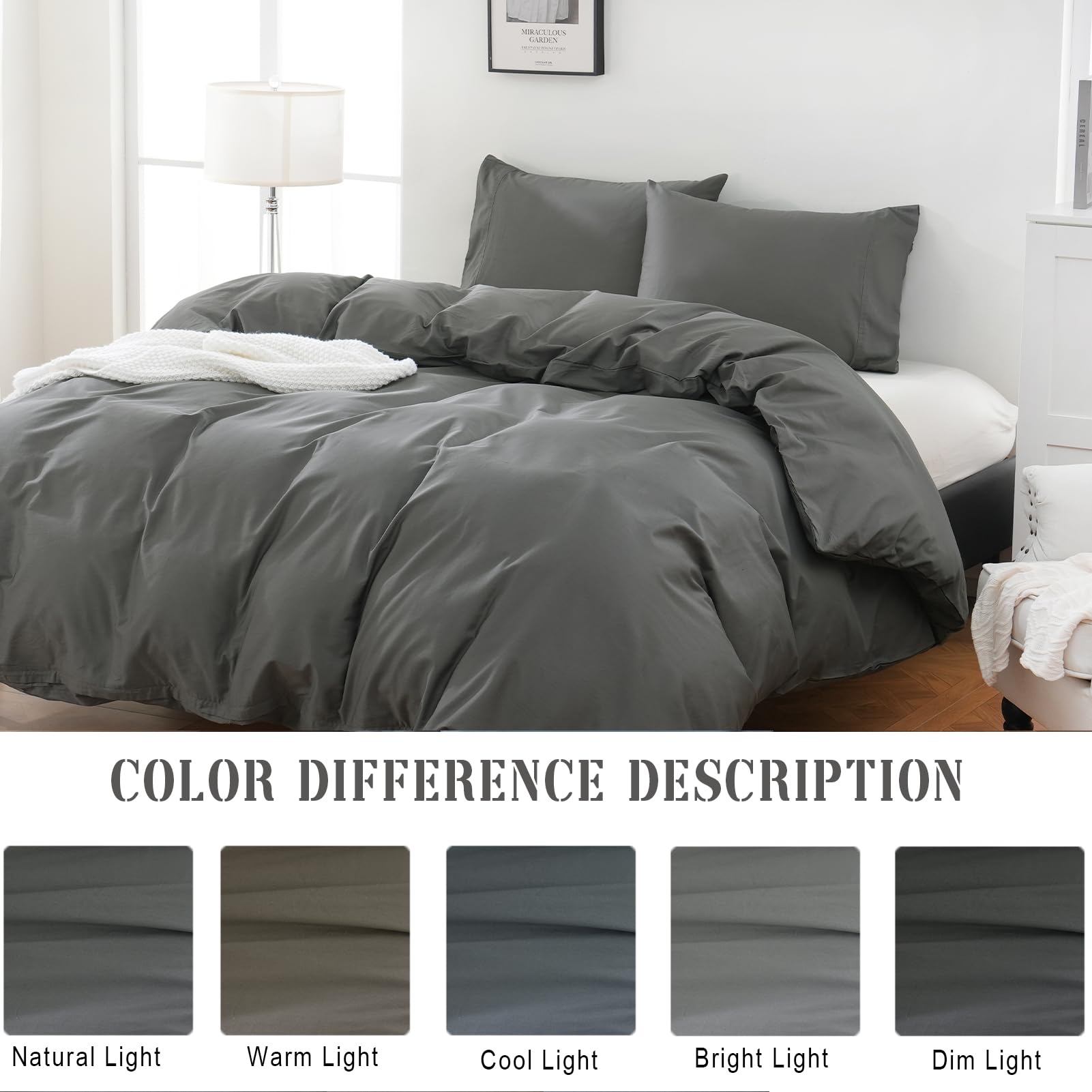 Overket 100% Organic Cotton Duvet Cover Queen Size Luxury 400 Thread Count Duvet Cover Queen Size Sateen Comforter Cover Soft and Breathable Cooling Bedding Set 3 Piece(Dark Grey,Queen)