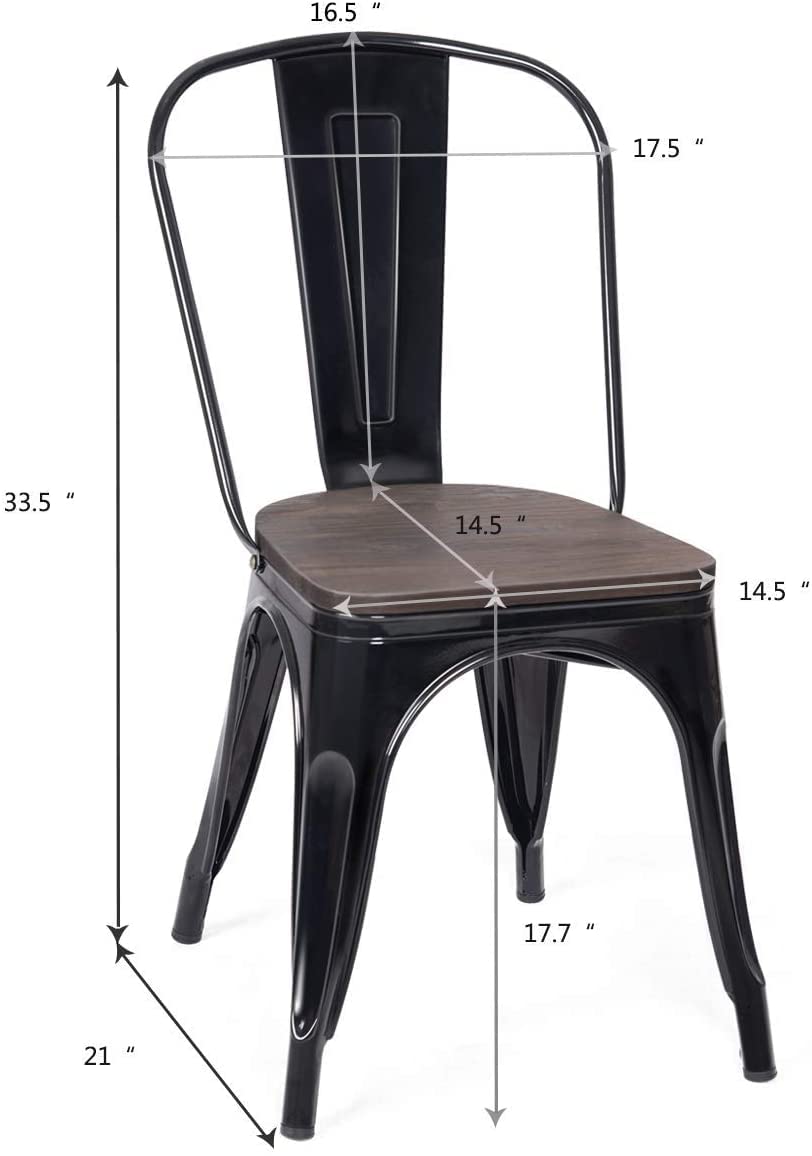 S AFSTAR 18 Inch Dining Chair Set of 4, Stackable Metal Chairs w/Wood Top Seat, Bistro Cafe Side Chair w/High Backrest for Kitchen Patio Restaurant Indoor (Black)