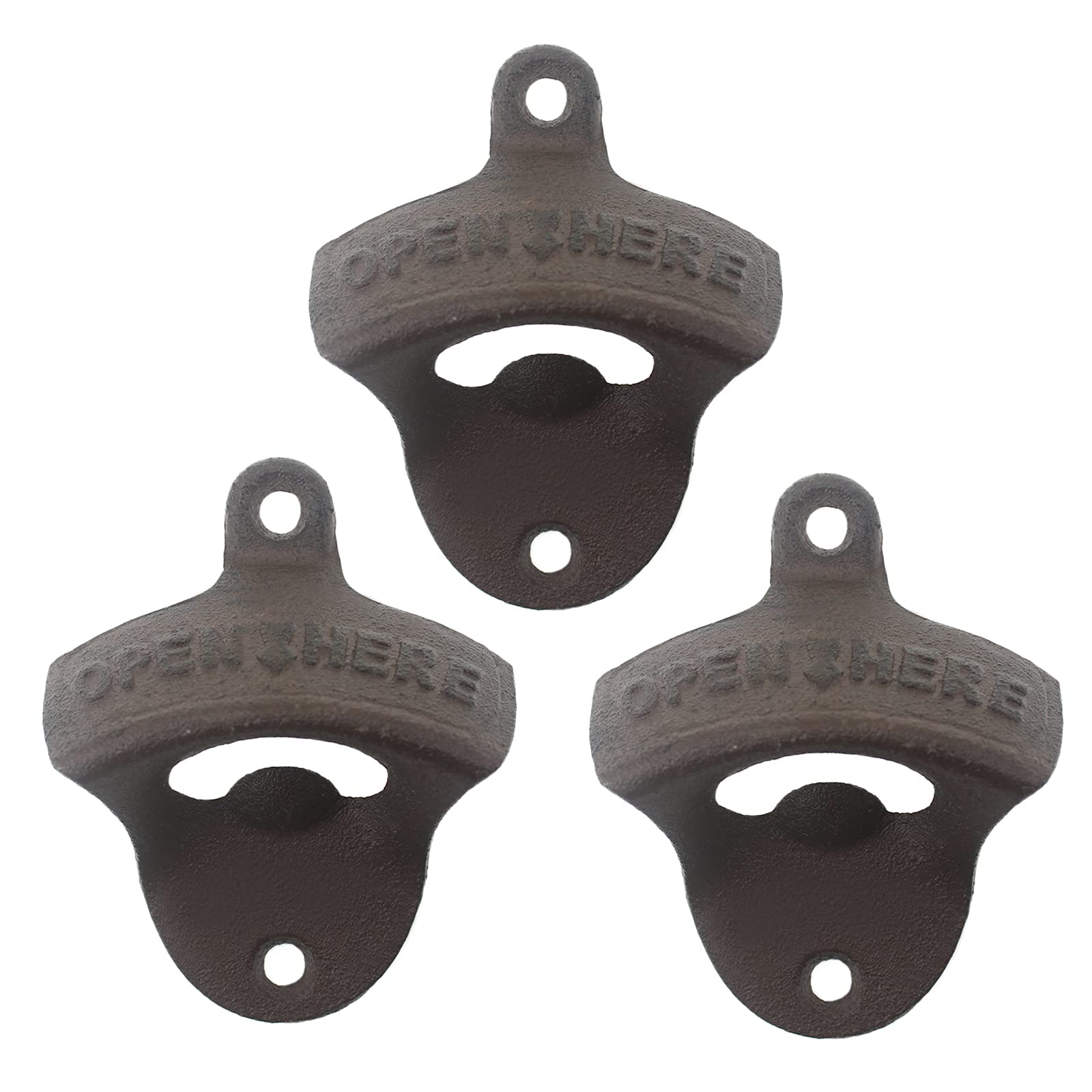 Luwanburg Rustic Cast Iron Beer Bottle Opener Wall Mounted Beer Cap Opener Vintage Open Here for Man Cave Party Gift (Pack of 3)