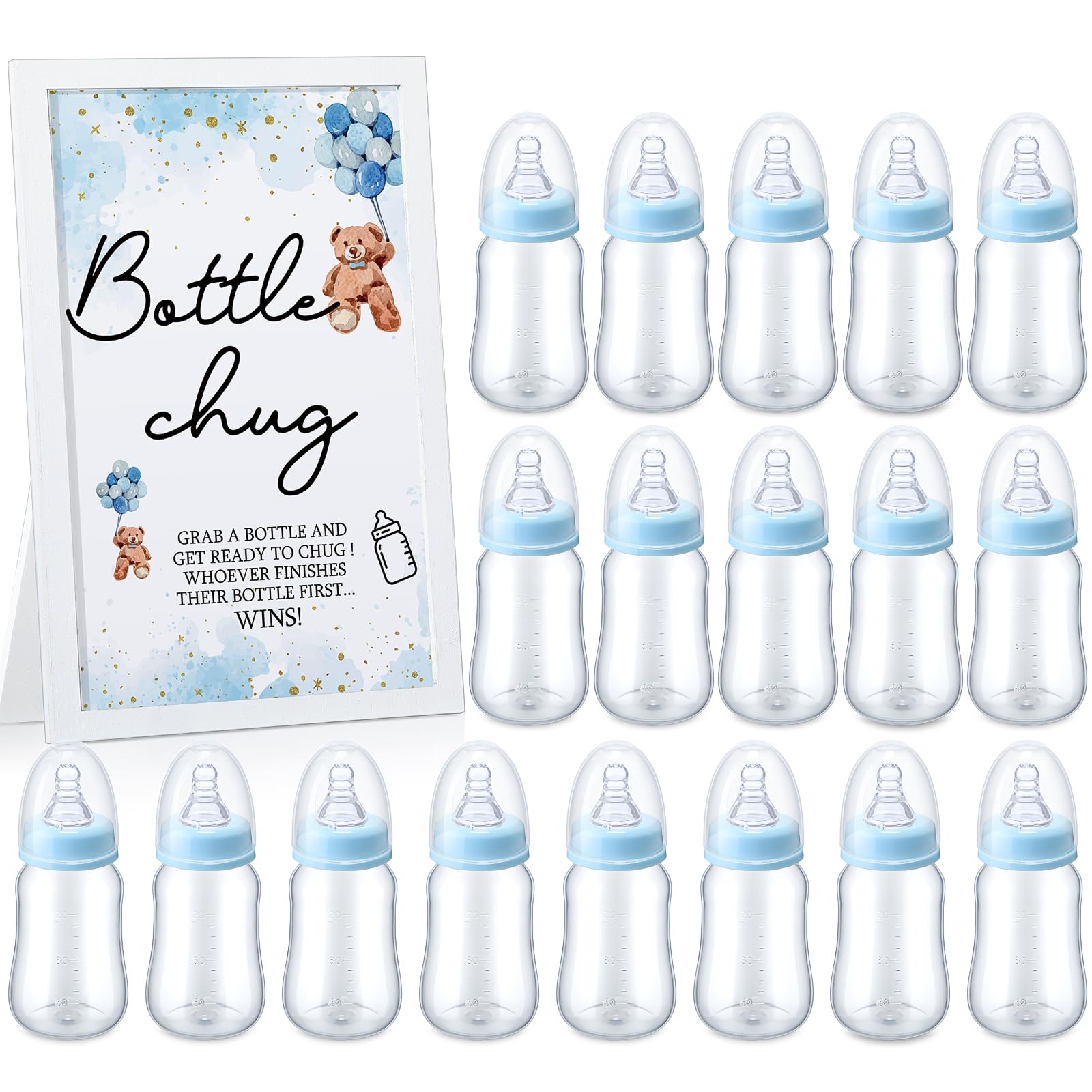 Roowest Bottle Chug Baby Shower Game Favors including Bear Theme Bottle Chug Game Wooden Sign and 18 Pcs Blue Baby Bottles for Baby Shower Game Gender Reveal Party Supplies