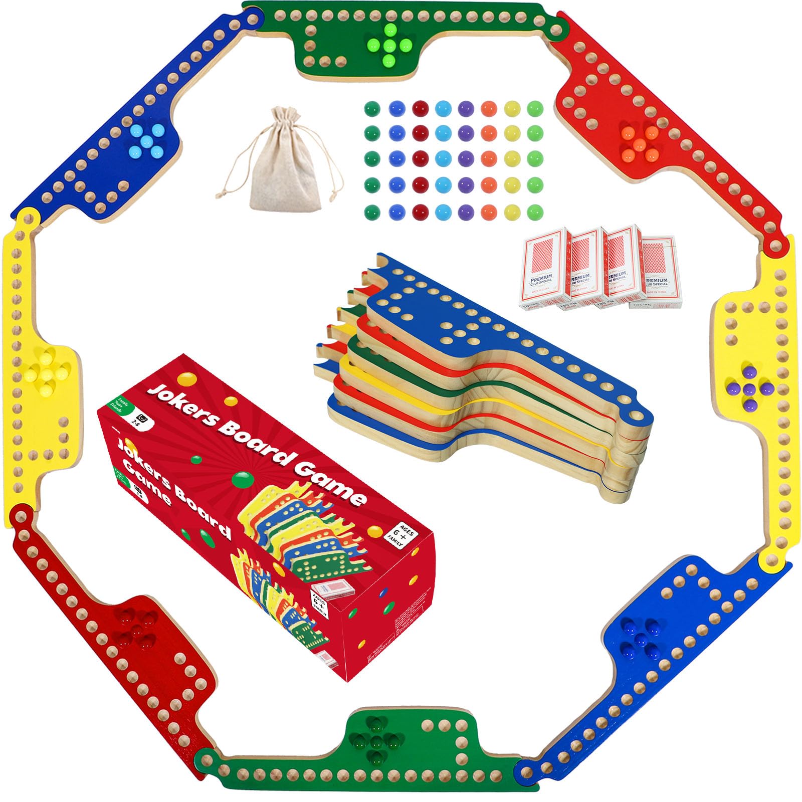 Medikaison Colorful Jokers and Marbles Board Game Pegs and Jokers Card Game for 2-8 Players 8 Solid Wood Game Boards 8 Colors 40 Marbles 4 Decks of Cards Full Size Game Set