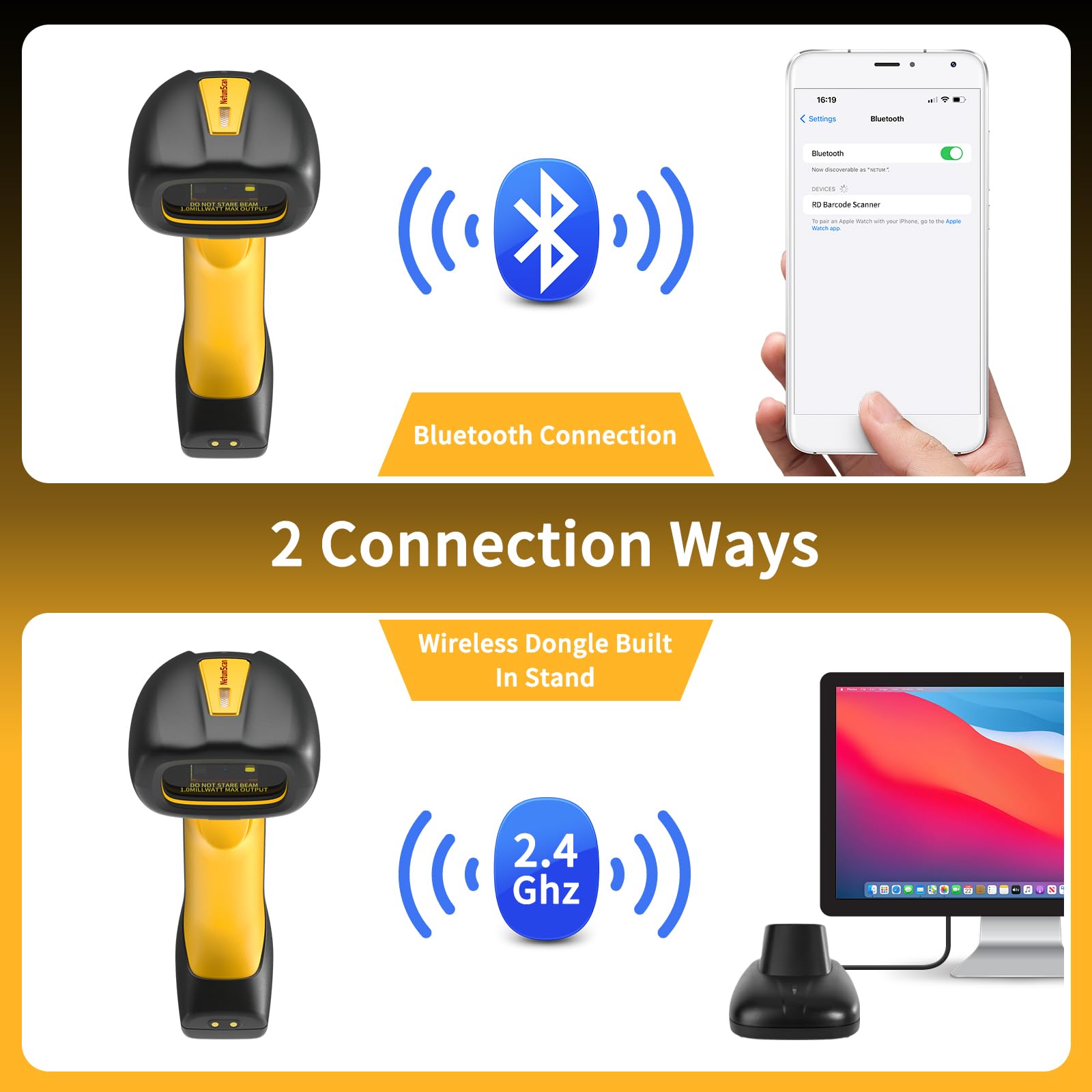 NetumScan Industrial Bluetooth QR Barcode Scanner, IP67 Waterproof & 7M Drop Proof, 2600mAh Wireless 1D 2D Bar Code Scanner with Charging Stand for Store, POS, Computer, iPhone, Android NS-1200