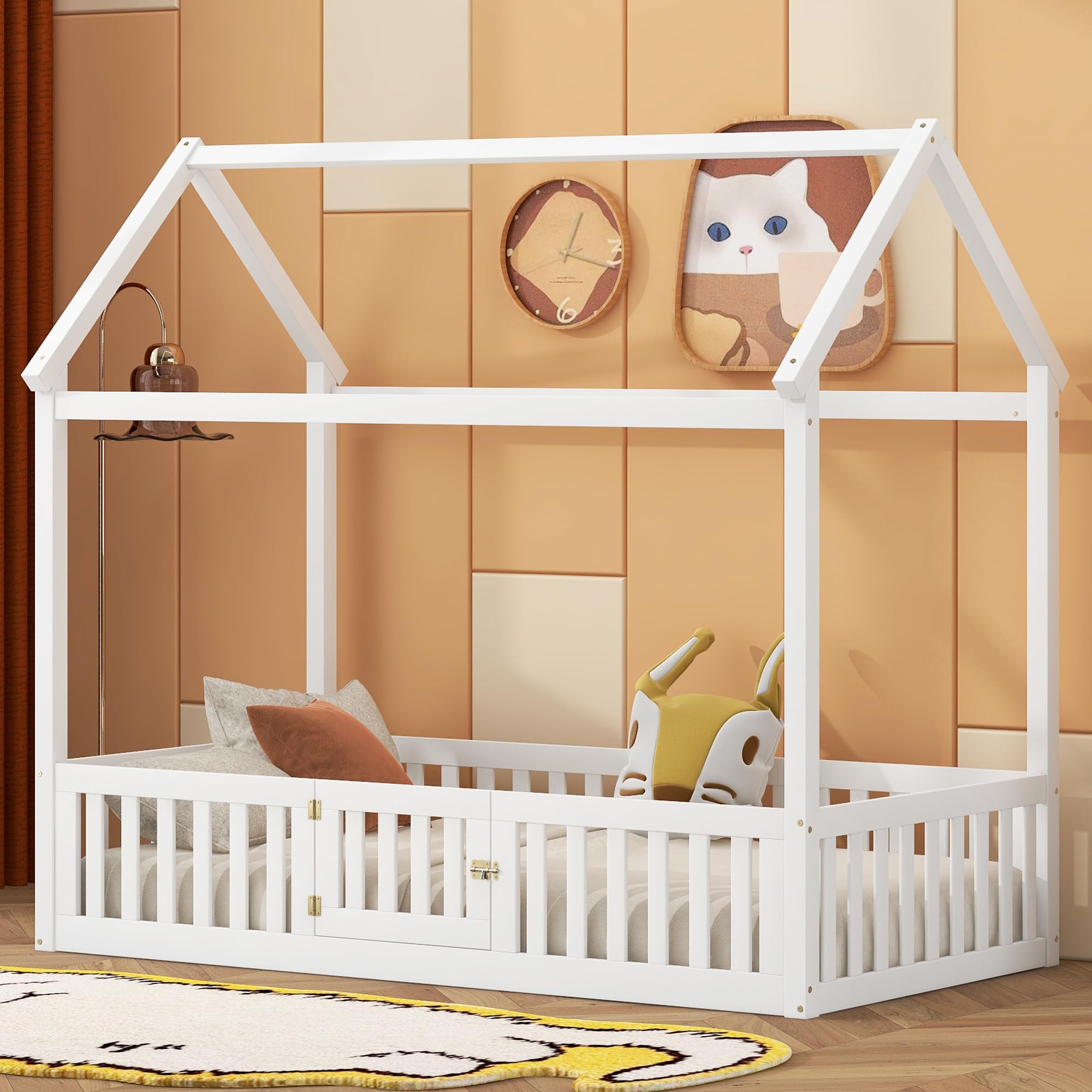 P PURLOVE Twin Size Floor House Bed Frame,Wood Montessori Floor Bed Frame with Fence for Boys,Girls,White