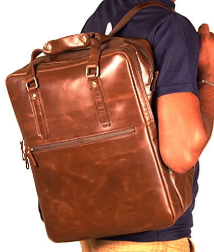 HULSH Leather Backpack For men and women 18 Inch - Full Grain Vintage Leather Laptop Backpack - Camping travel Rucksack Knapsack - Casual Bookbag Daypack with rustic look